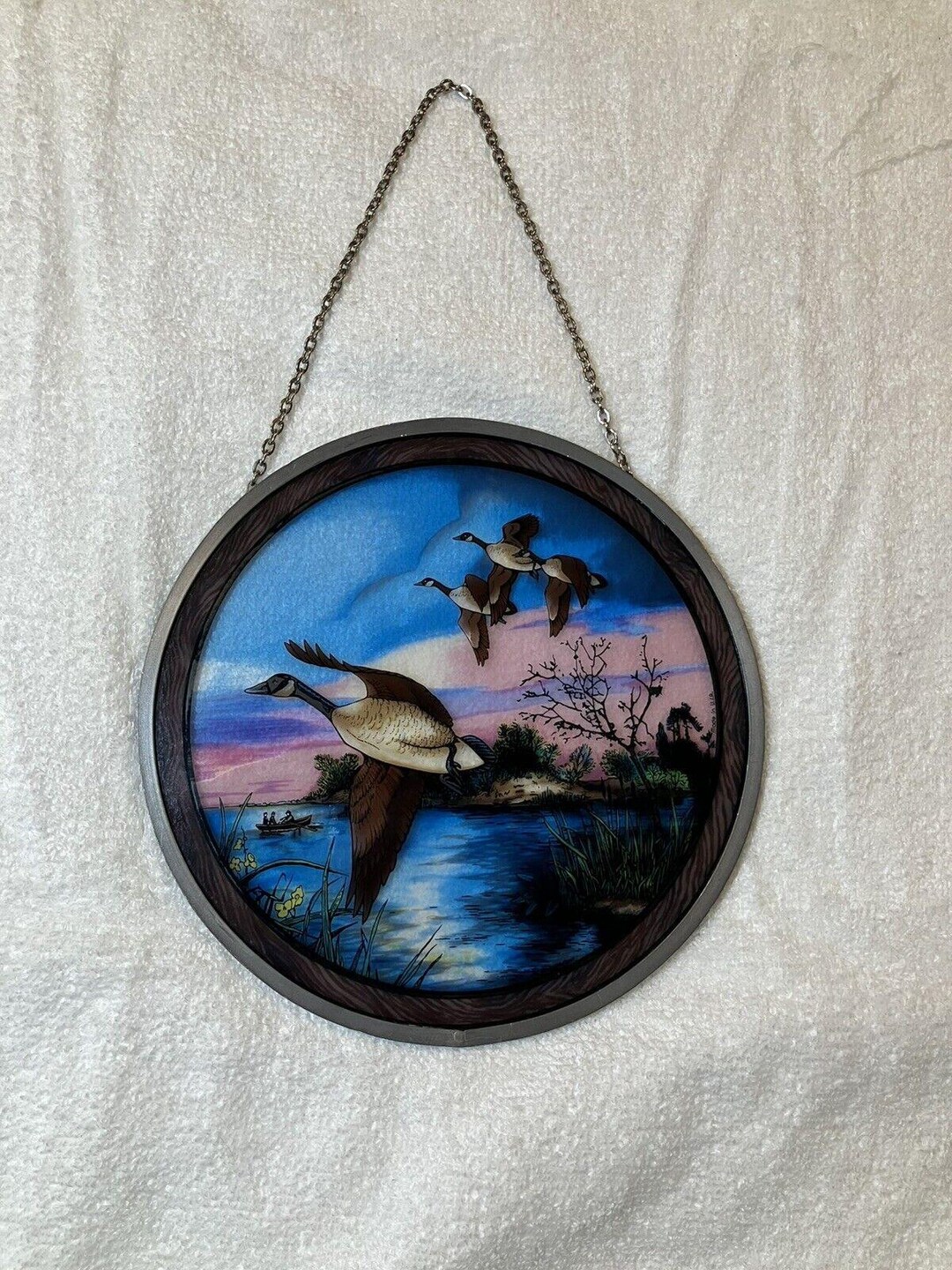 Vintage Stained Glass Geese Outdoor Wildlife Birds Round Window Sun ...