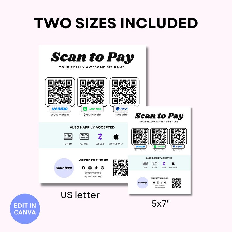 Editable Scan to Pay QR Code Sign Template | Small Business Signage, Pay Here, Payment Method ...