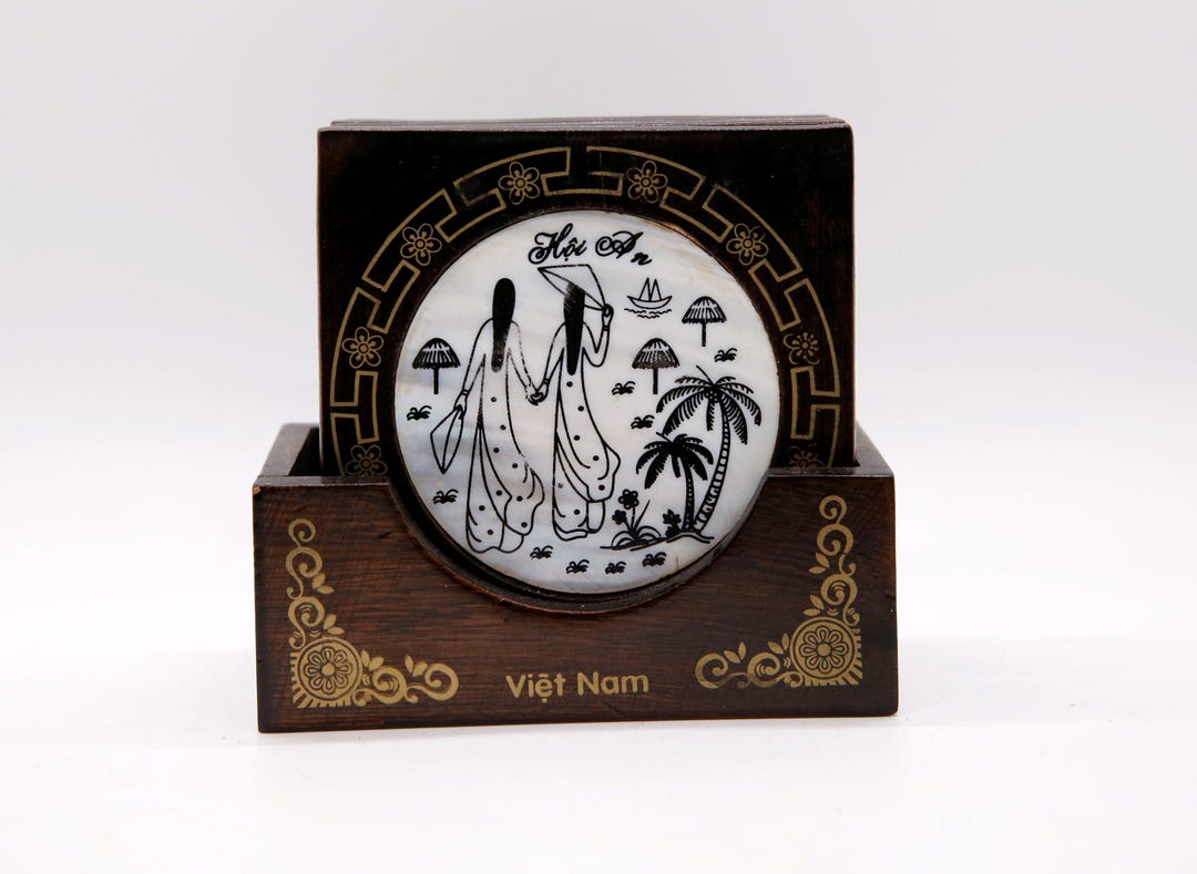 Vintage Vietnam Lacquered Wood Coasters With Shell Inlay Gold Gilt Set ...