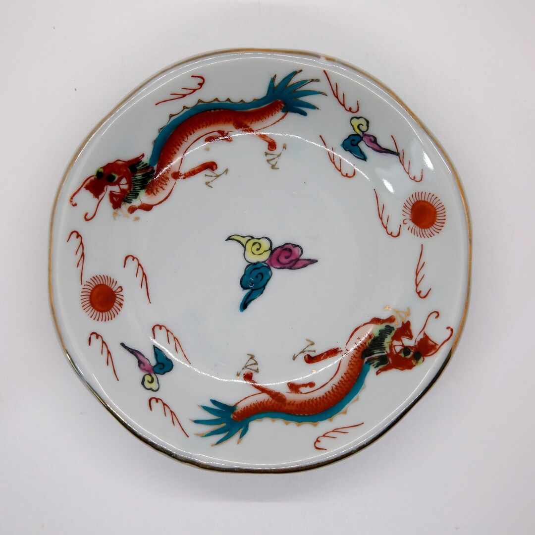 Antique Chinese Red Dragon Serving Dish Hand Painted Dragon Flaming ...