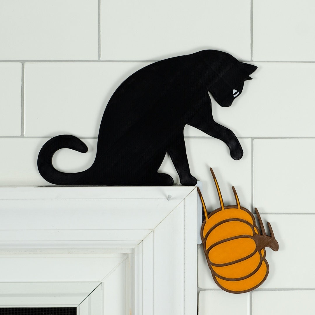 Cute Halloween Black Cat Door Topper | Funny Cat Knocking Pumpkin ...
