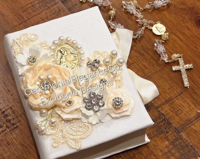 NEW Quinceañera Bible Beige White Wedding Bible Rosary Biblia ...