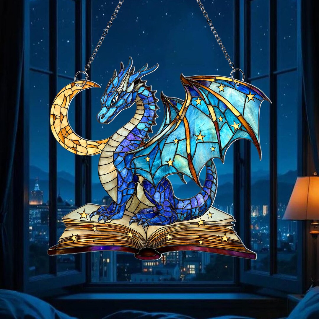 Blue Dragon Book Acrylic Suncatcher, Book Lover Window Hanging, Fantasy ...