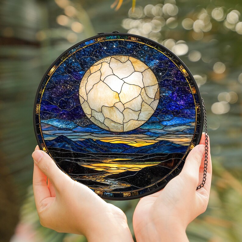 Full Moon Stained Glass Suncatcher, Moon Window Hanging, Starry Night ...