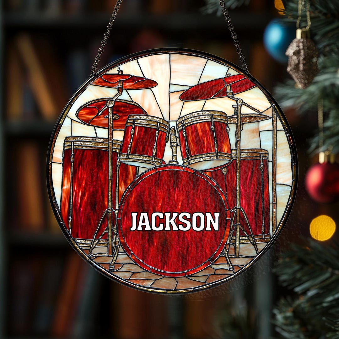 Custom Red Drum Set Faux Stained Glass Ornament, Personalized Christmas ...