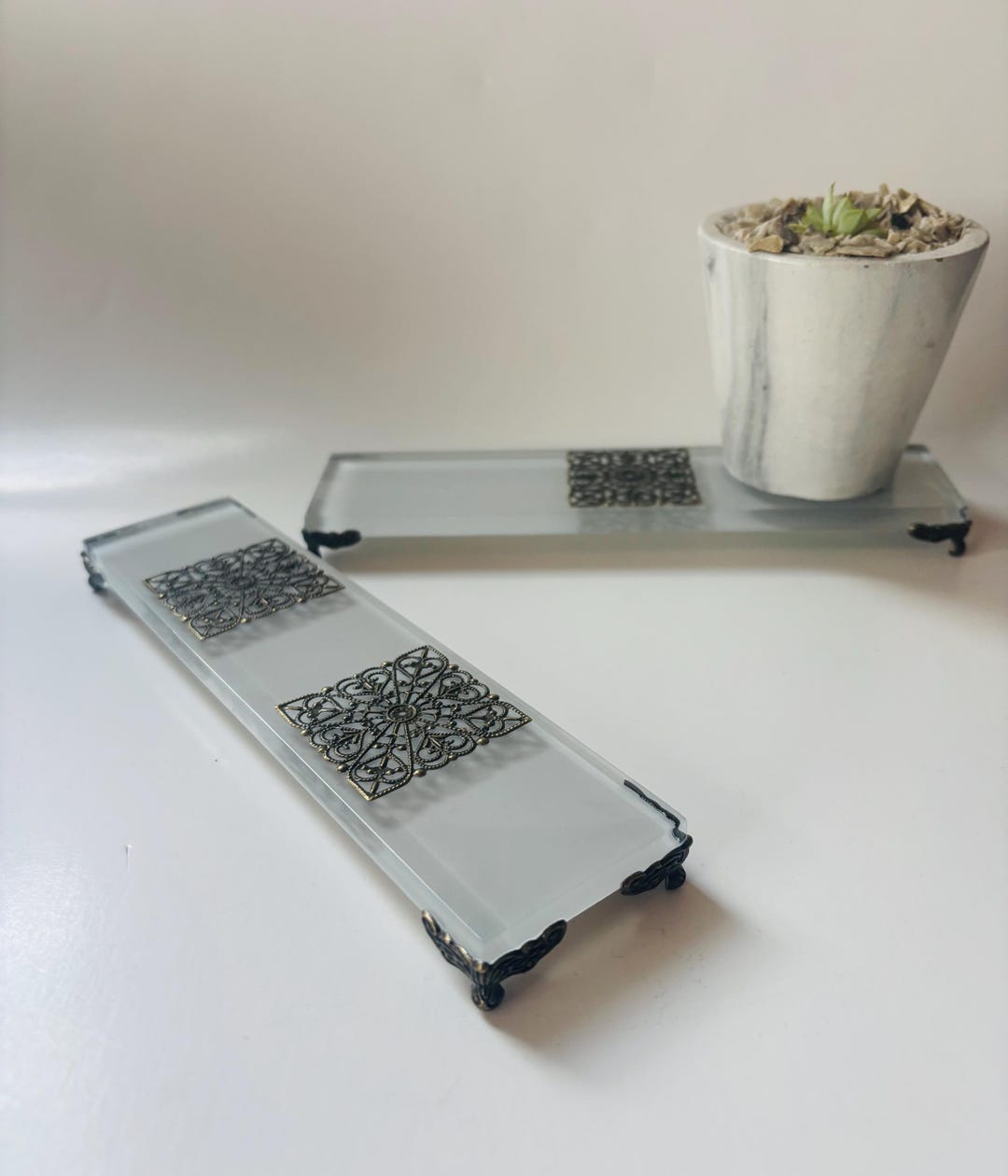 Set of 2 Display Risers 2x8 Unique Decorative Stands Metal Legs Vintage ...