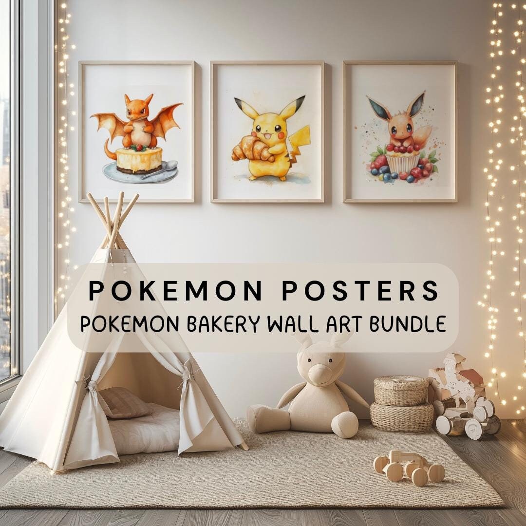 Pokemon Bakery Posters, Set of 3 Pokemon Wall Art, Pikachu, Charizard ...