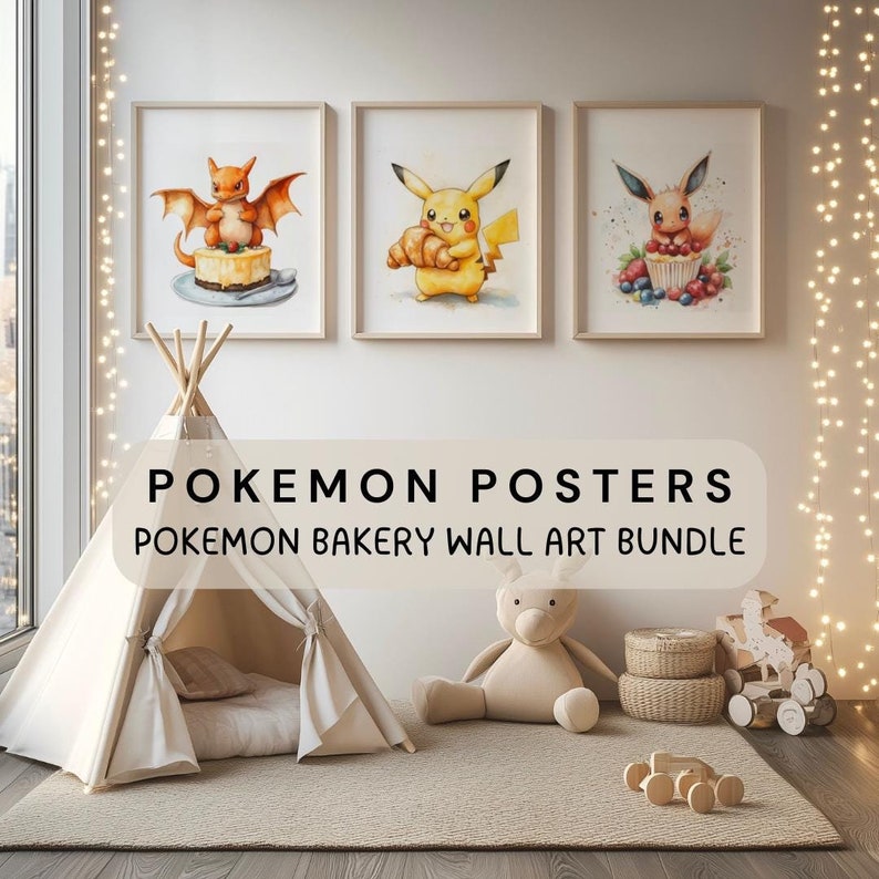 Pokemon Bakery Posters, Set of 3 Pokemon Wall Art, Pikachu, Charizard ...