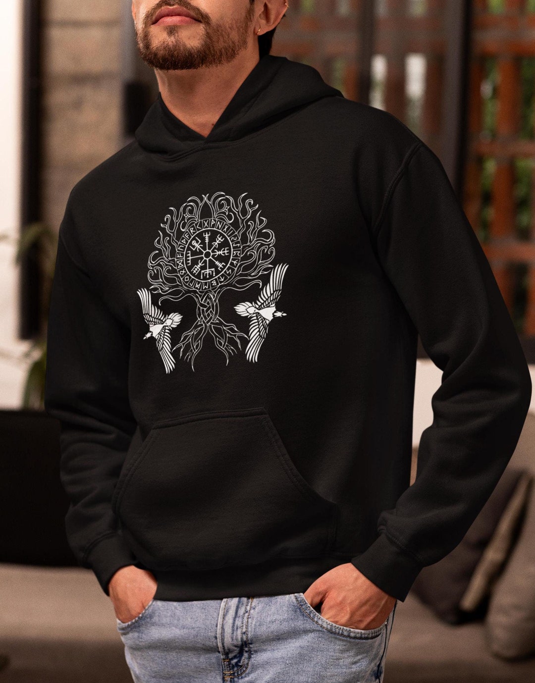 Yggdrasil Tree Hoodie / Vegvisir Symbol & Two Ravens Norse Mythology Pullover / Unisex Cotton ...