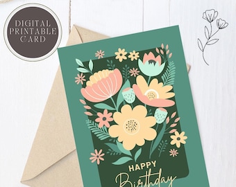 Printable-green Floral Birthday Card-digital Download-white Floral Card ...
