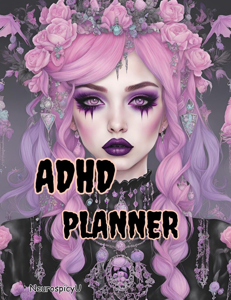 Pastel Goth-themed ADHD Planner + Self-care Add-on Bundle: 97-page Editable Canva Kit for Spooky ...
