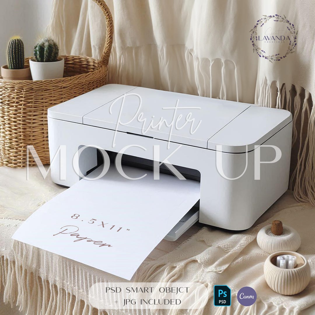 White Printer Mockup Boho Neutral Printer Printing 8.5x11" Paper Mock ...