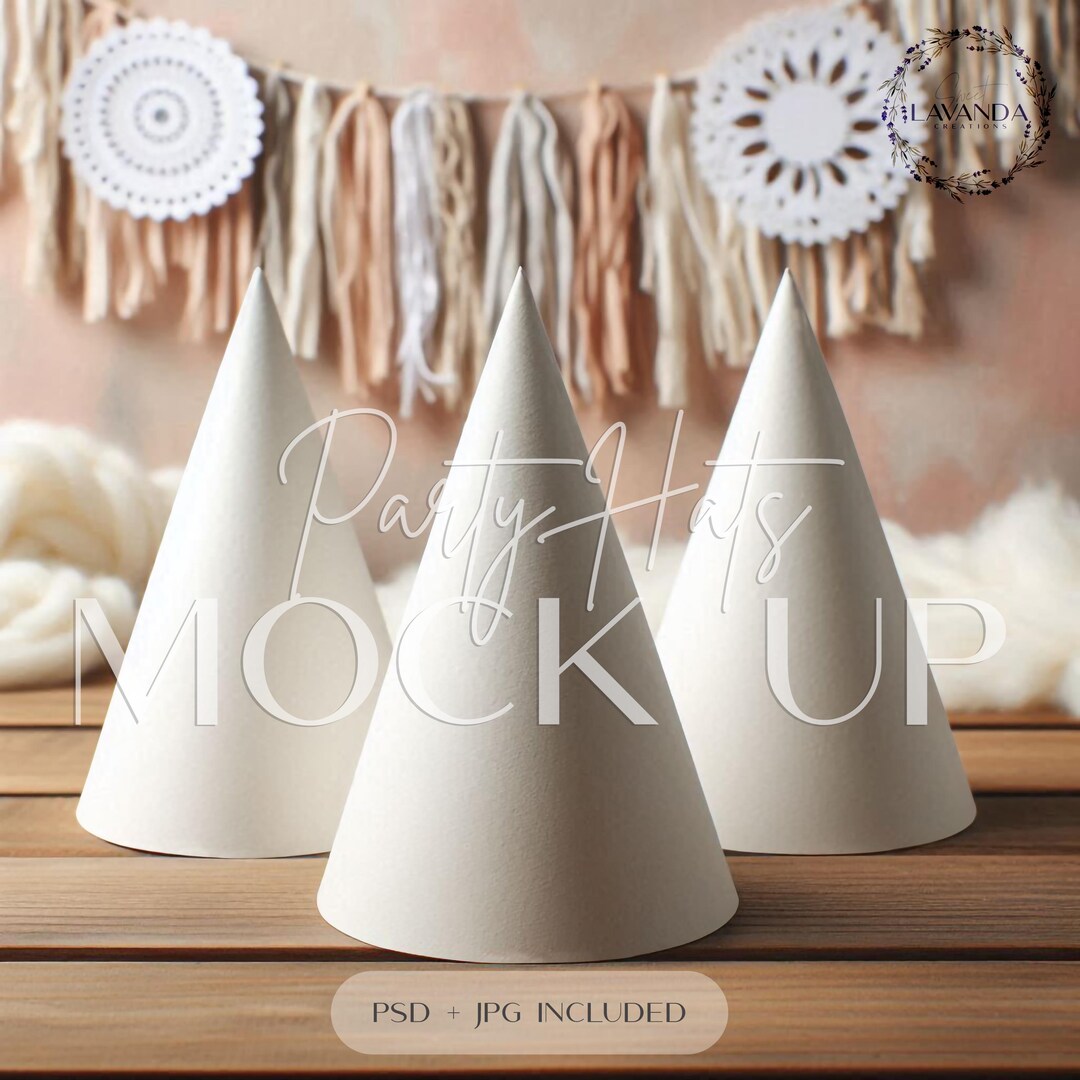 White Plain Birthday Party Hats Mock Up, Party Hat Mockup, Cone Kids ...