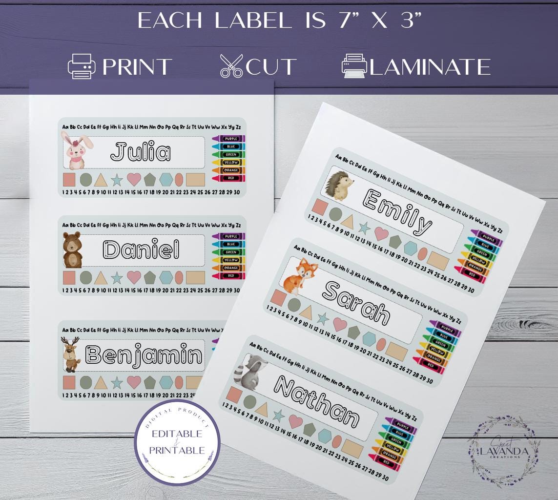 Editable Animal Theme Name Tag: Personalized Desk Label (digital ...