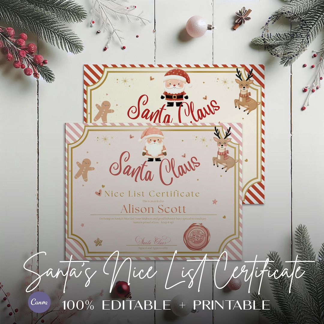 Editable Kids Santa's Nice List Official Certificate Template Award ...