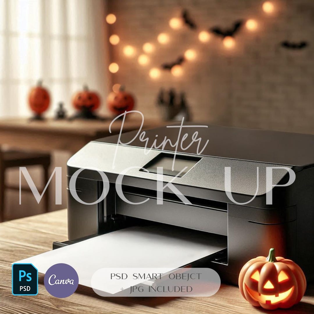 Black Halloween Printer Mock up Fall Desk Printer Printing Paper Mockup ...