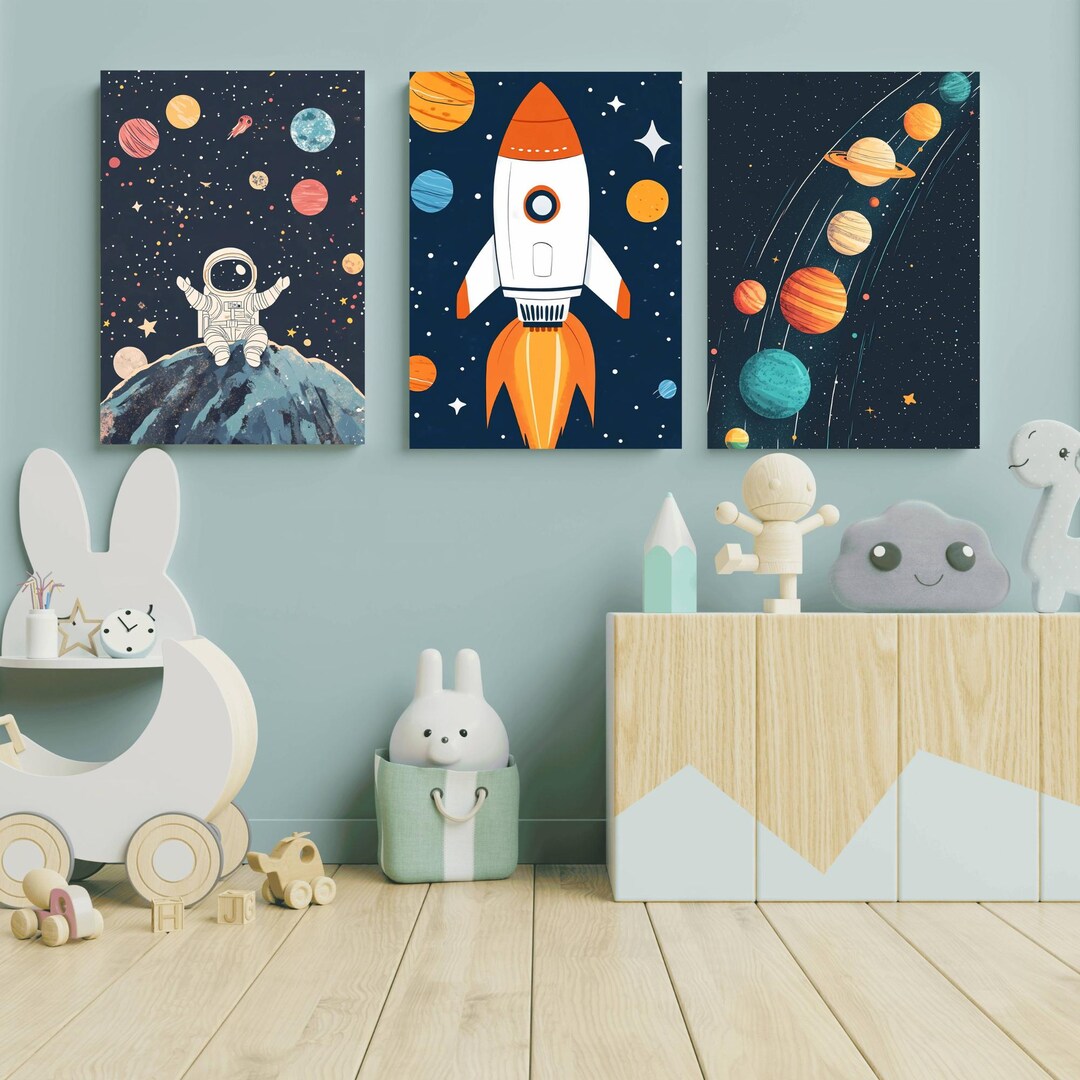 Space Theme Wall Art Set | Kids Room Rocket Decor | Astronaut and ...