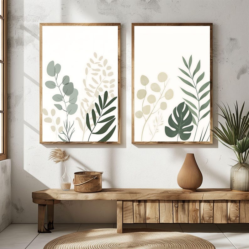 Minimalist Botanical Print Set: Neutral Eucalyptus & Monstera Art ...