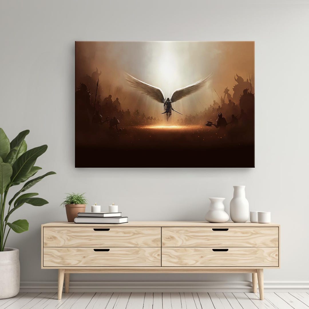 Dramatic Warrior Angel Poster, Spiritual Battle Scene Canvas Print ...