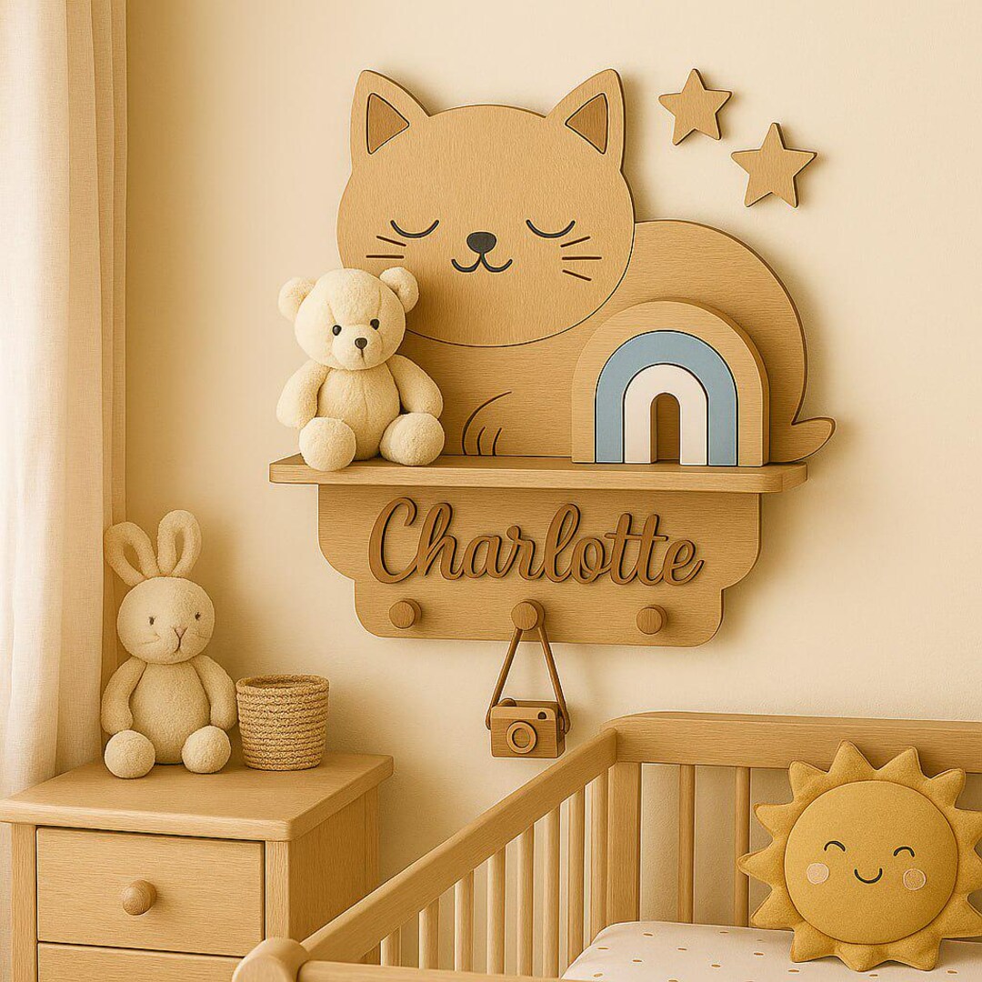 Personalized Kitten Shelf, Eco-wood Nursery Decor, Baby Gift, Sleepy ...
