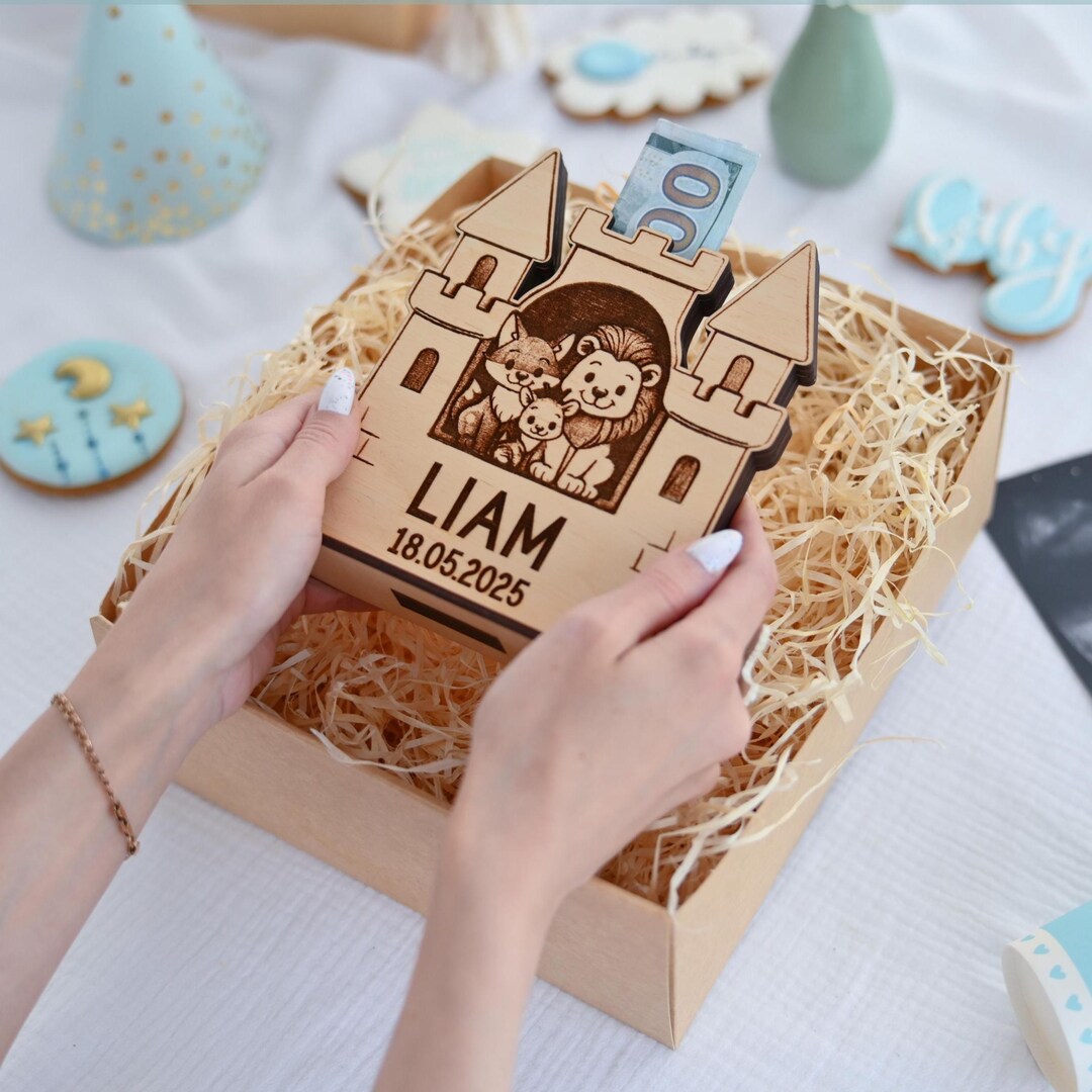 Engraved Wooden Castle Money Box, Personalized Baby Keepsake - Etsy