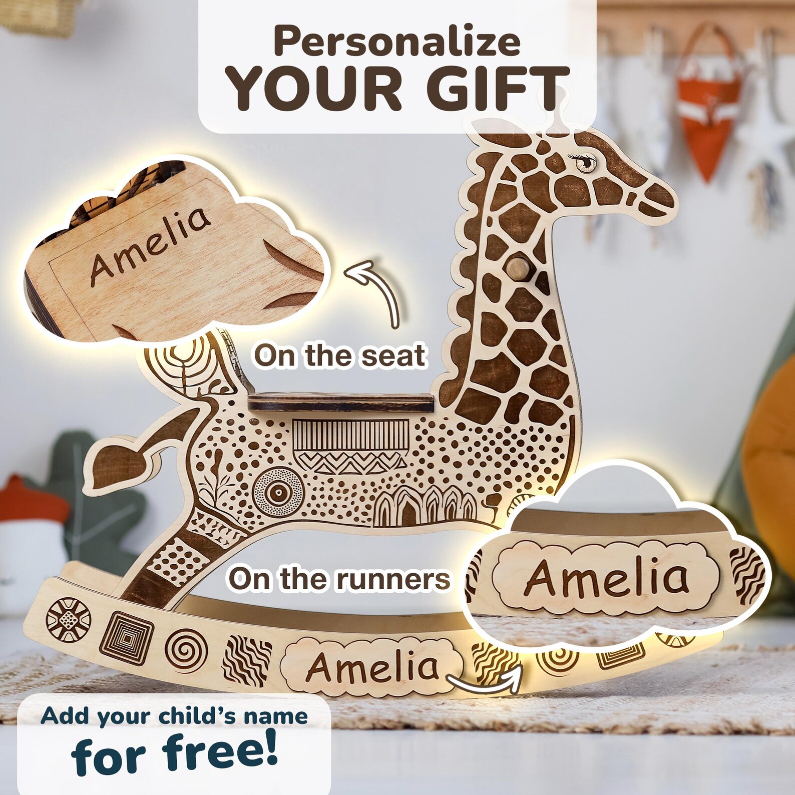 Personalized Wooden Rocking Giraffe, Custom Engraved Ride on Toy - Etsy