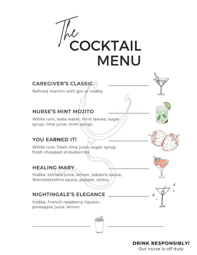 Nursing School Graduation Themed Drink Menu - Etsy