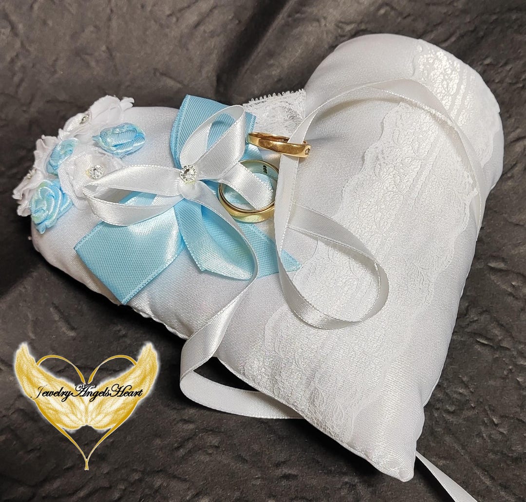 Floral Ring Pillow: Heart-shaped Lace Wedding Pillow With Blue Flowers ...