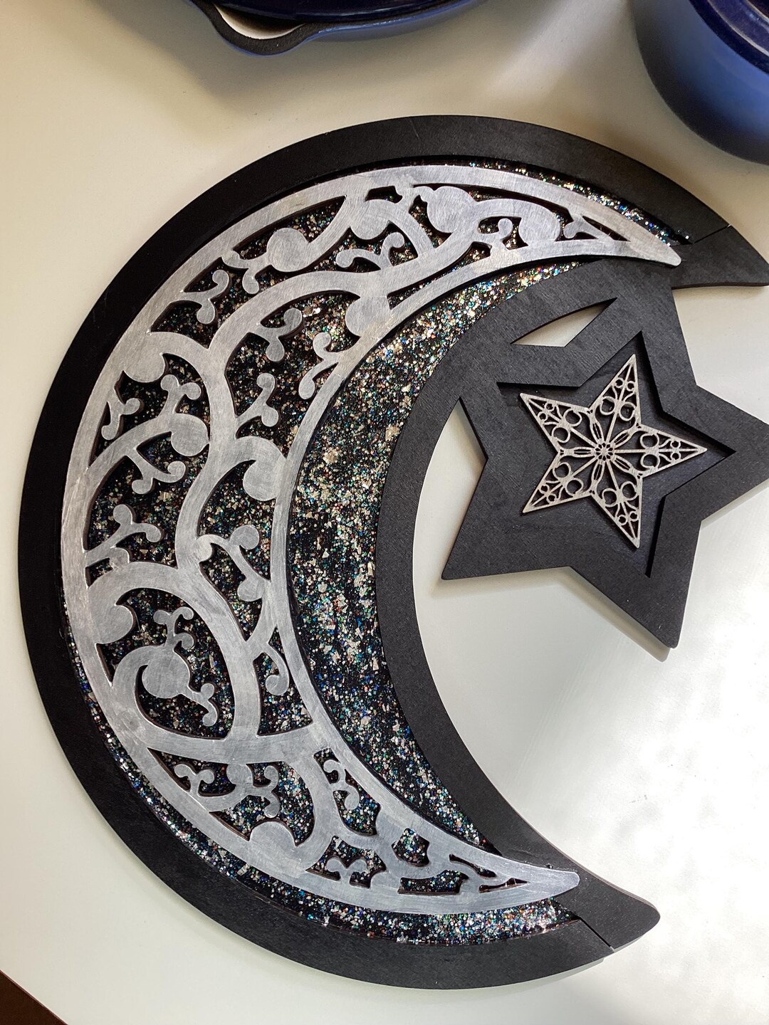 Filigreed Crescent Moon and Star Wall Art: Wood Celestial Decor - Etsy