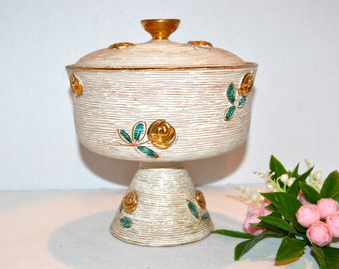 Vintage Gold Roses on Italian Pedestal Bowl Scored With Lid 1950's - Etsy