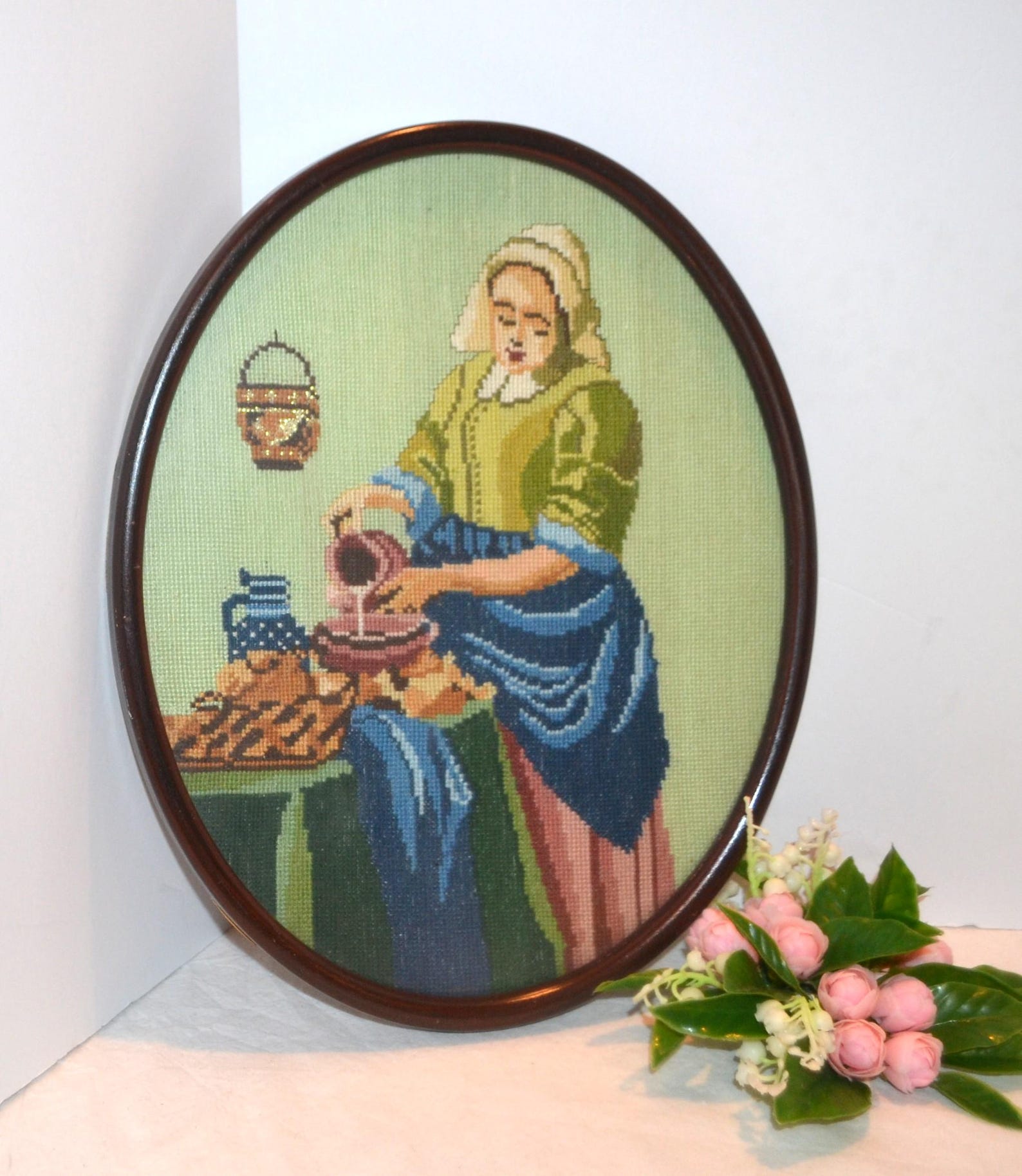 Vintage Needlepoint Dutch Lady in the Kitchen 1950's - Etsy