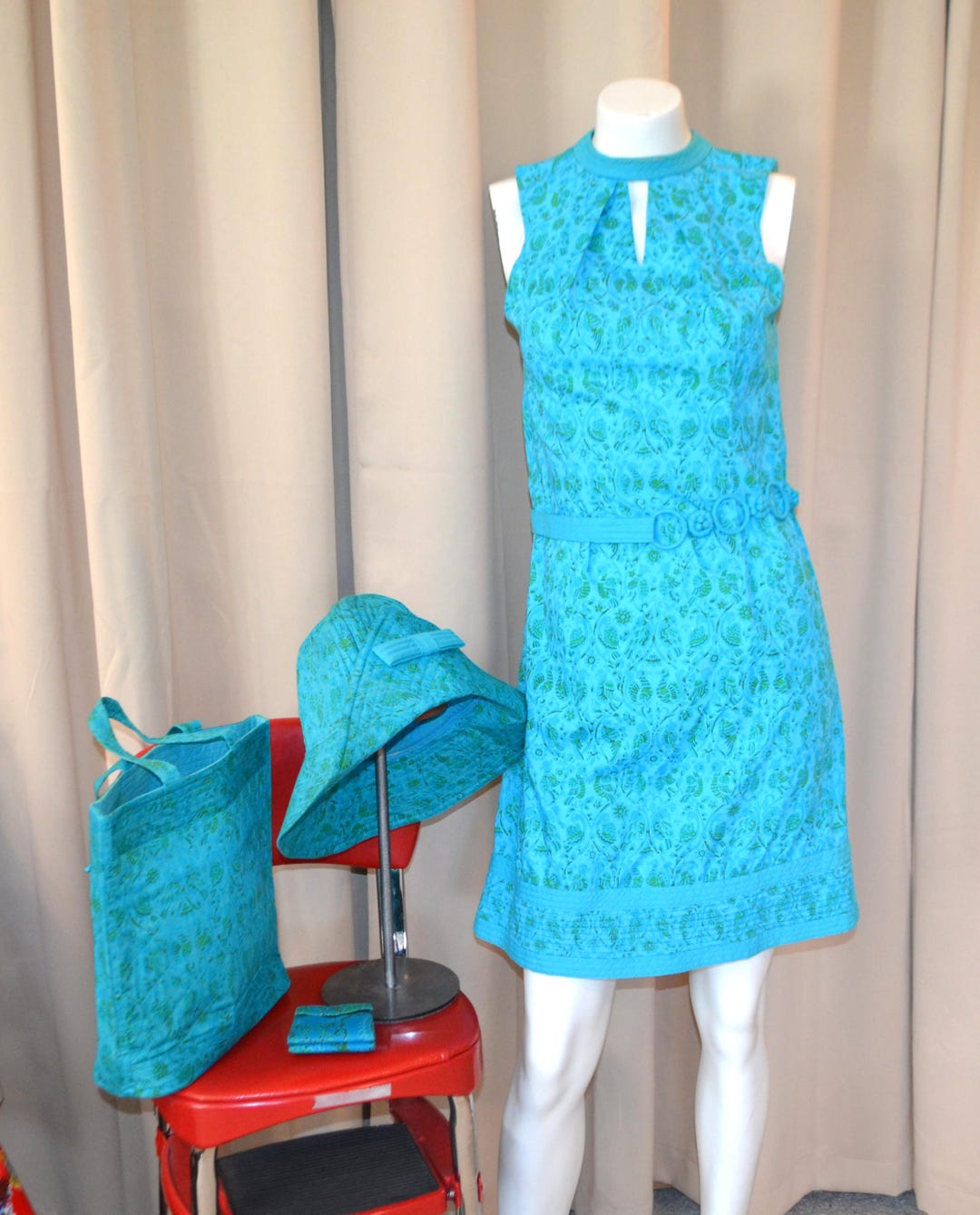 1950's Dress Aqua & Green Four Piece Amazing Flower Power Twiggy Doris ...