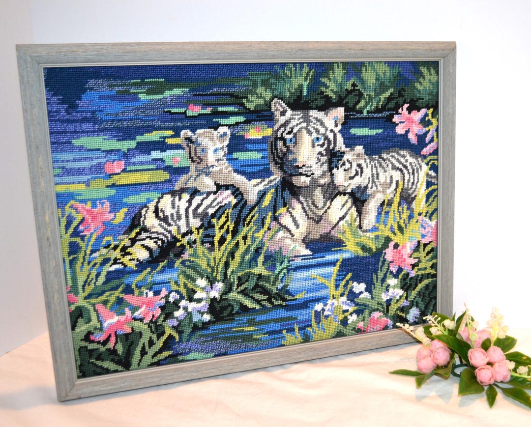 Needlepoint Framed Mother & Cubs White Tigers With Botanicals - Etsy
