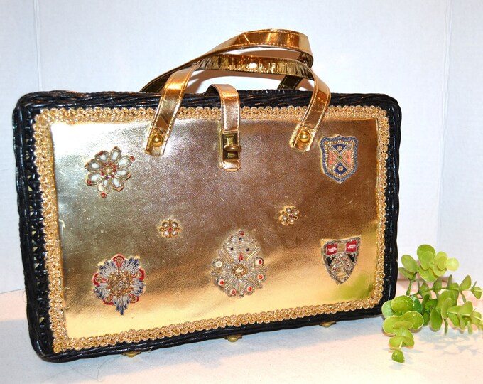 Vintage Handbag 1950's Crests in Beads on Gold With Wicker Large ...