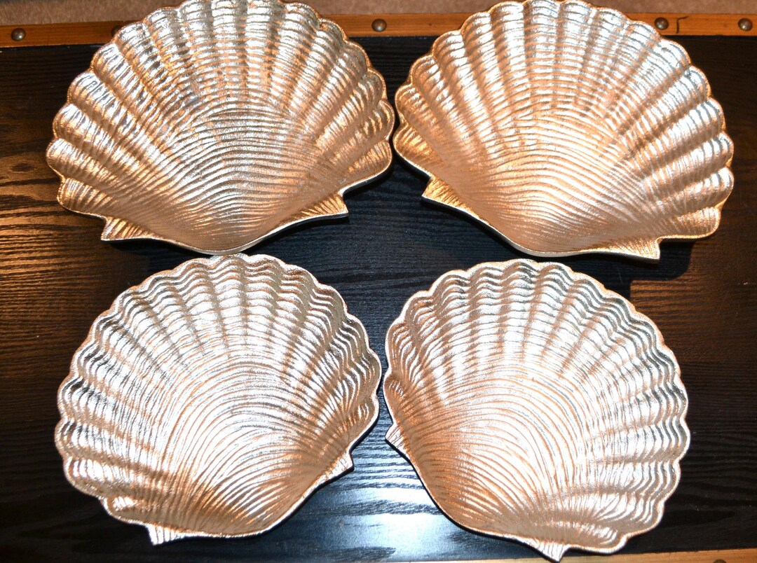 Coastal Silver Metal Clam Dishes Vintage Dining Buffet Patio Set of ...