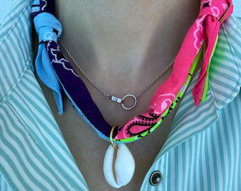 Neon Bandana Necklace With Shell Charm - Pink Neon - Cowrie Shell ...