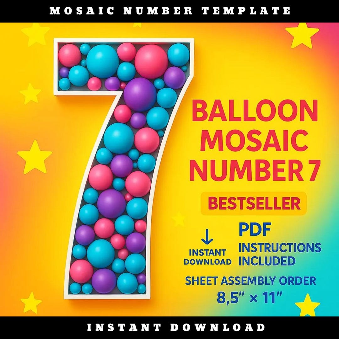 Balloon Mosaic Number 7 Template: 1ft-6ft Party Decor (digital Download ...