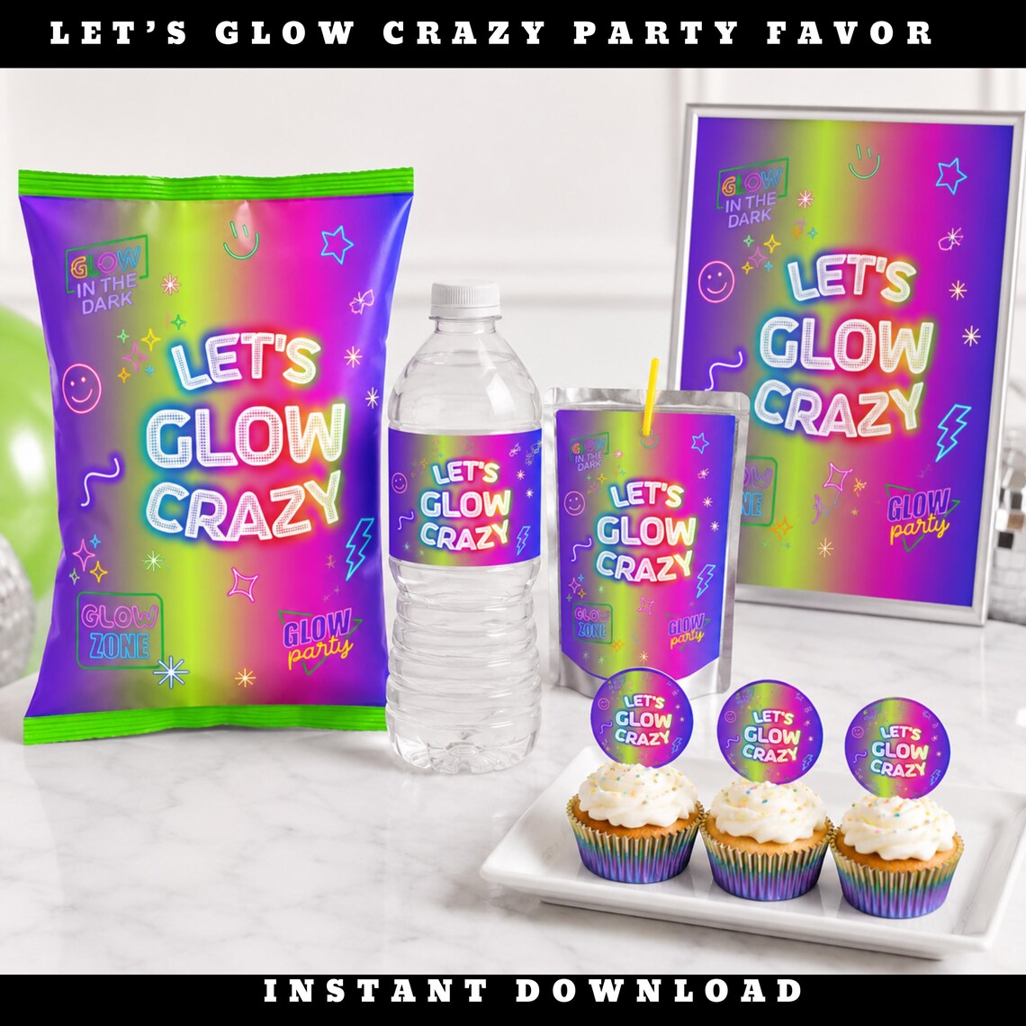 Let's Glow Crazy Party Favor Template Printable Neon Party Treat Labels ...