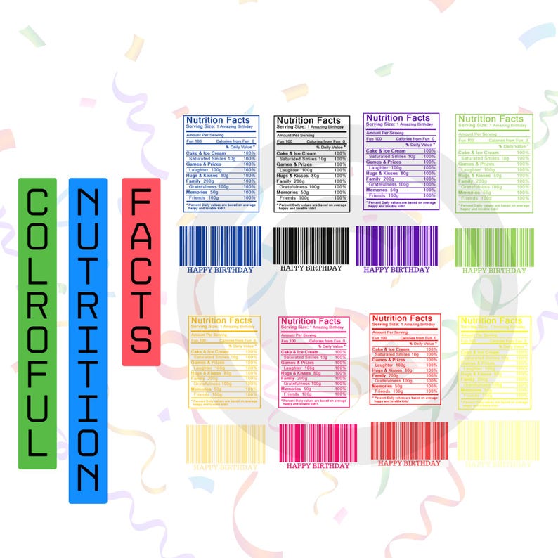 Colorful Birthday Nutrition Facts Labels | Printable Party Favor Tags ...