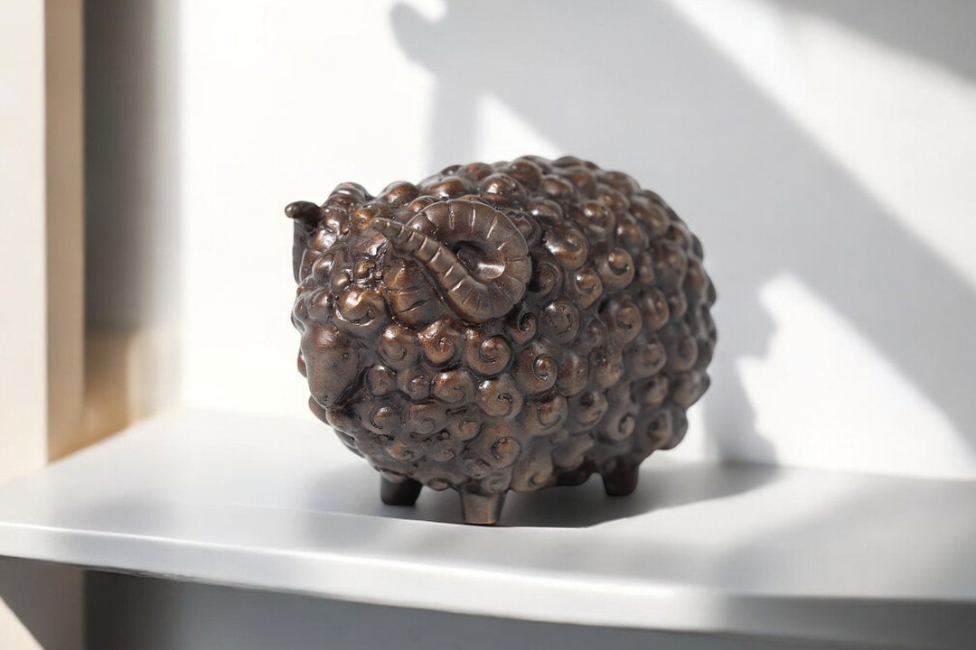 Handmade Bronze Sheep Sculpture, Thai Animal Art, Curly Wool Ram ...