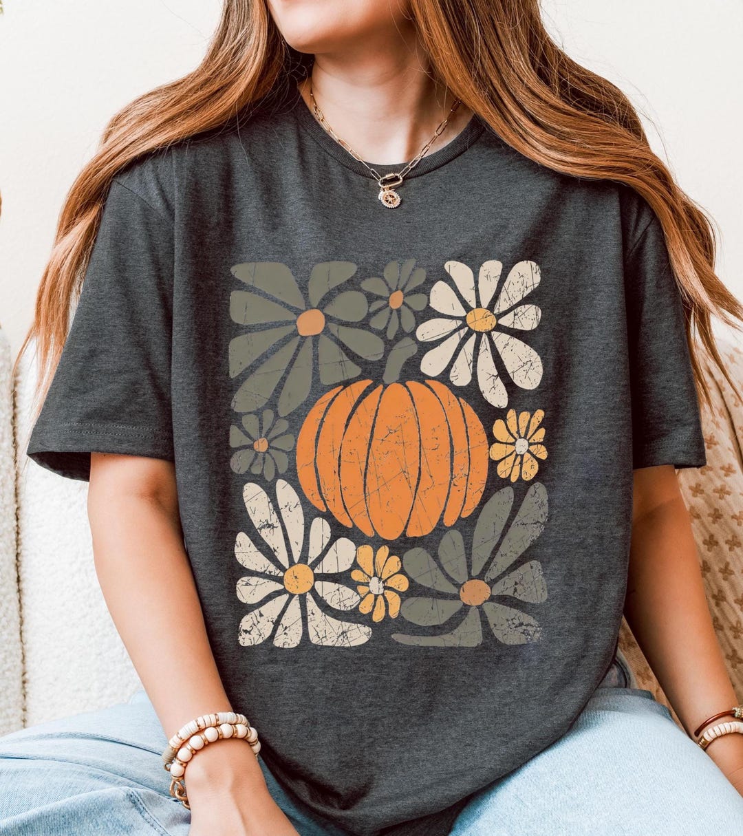 Boho Fall Floral T-shirt, Boho Vintage Fall Shirt, Pumpkin Season Shirt ...