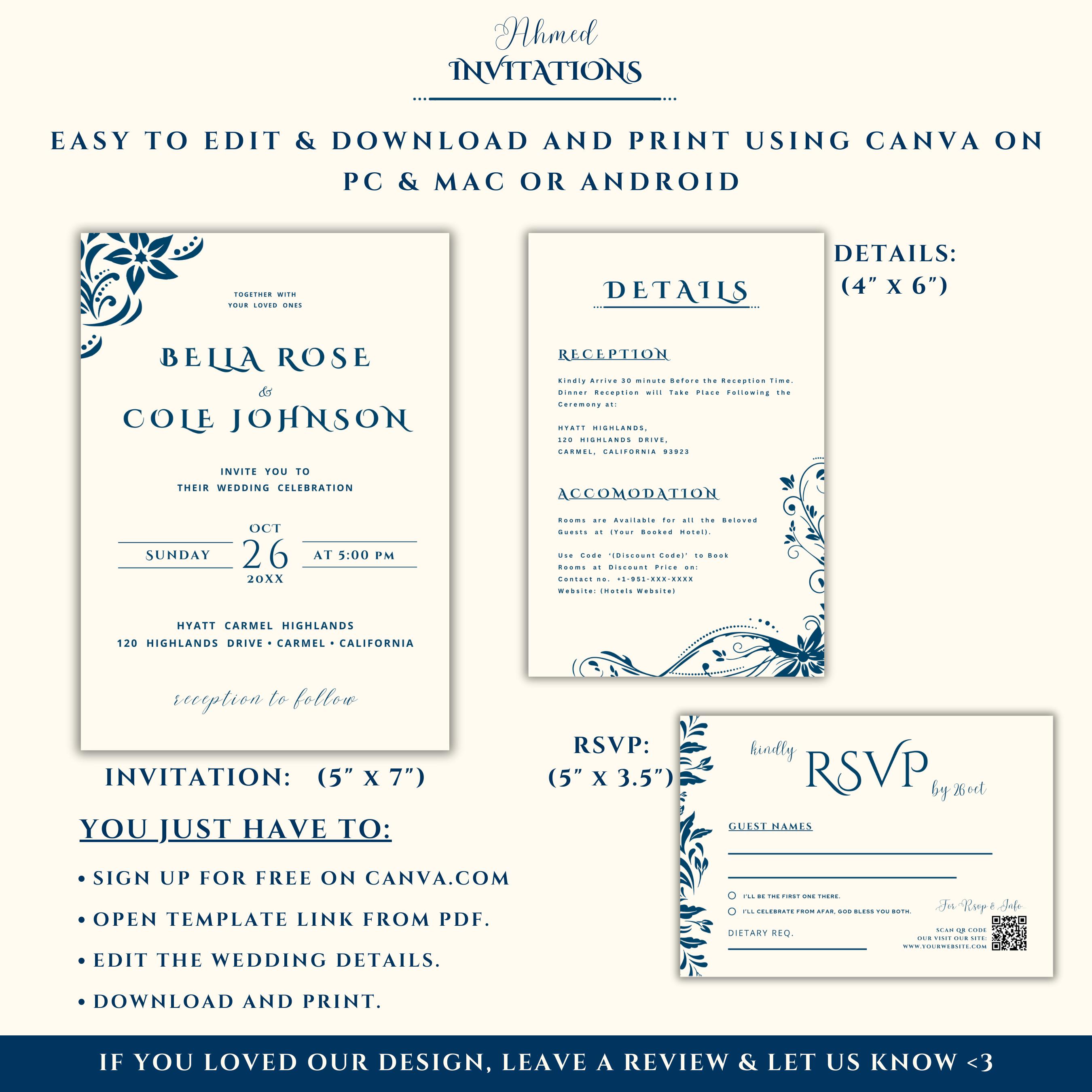 Wedding Invitation Template, Aegean Cream Minimalist Wedding Monogram, QR Code RSVP, Editable ...