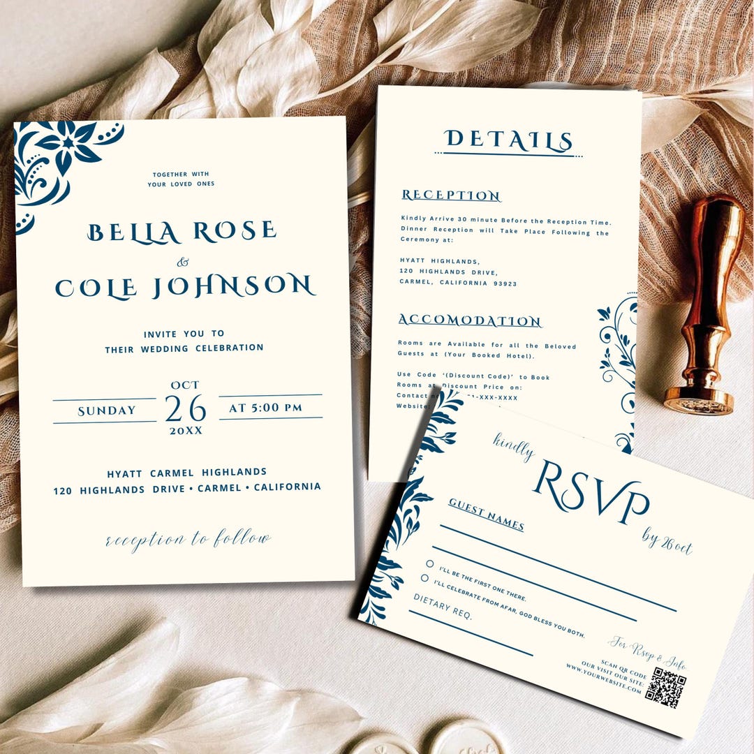 Wedding Invitation Template, Aegean Cream Minimalist Wedding Monogram, QR Code RSVP, Editable ...