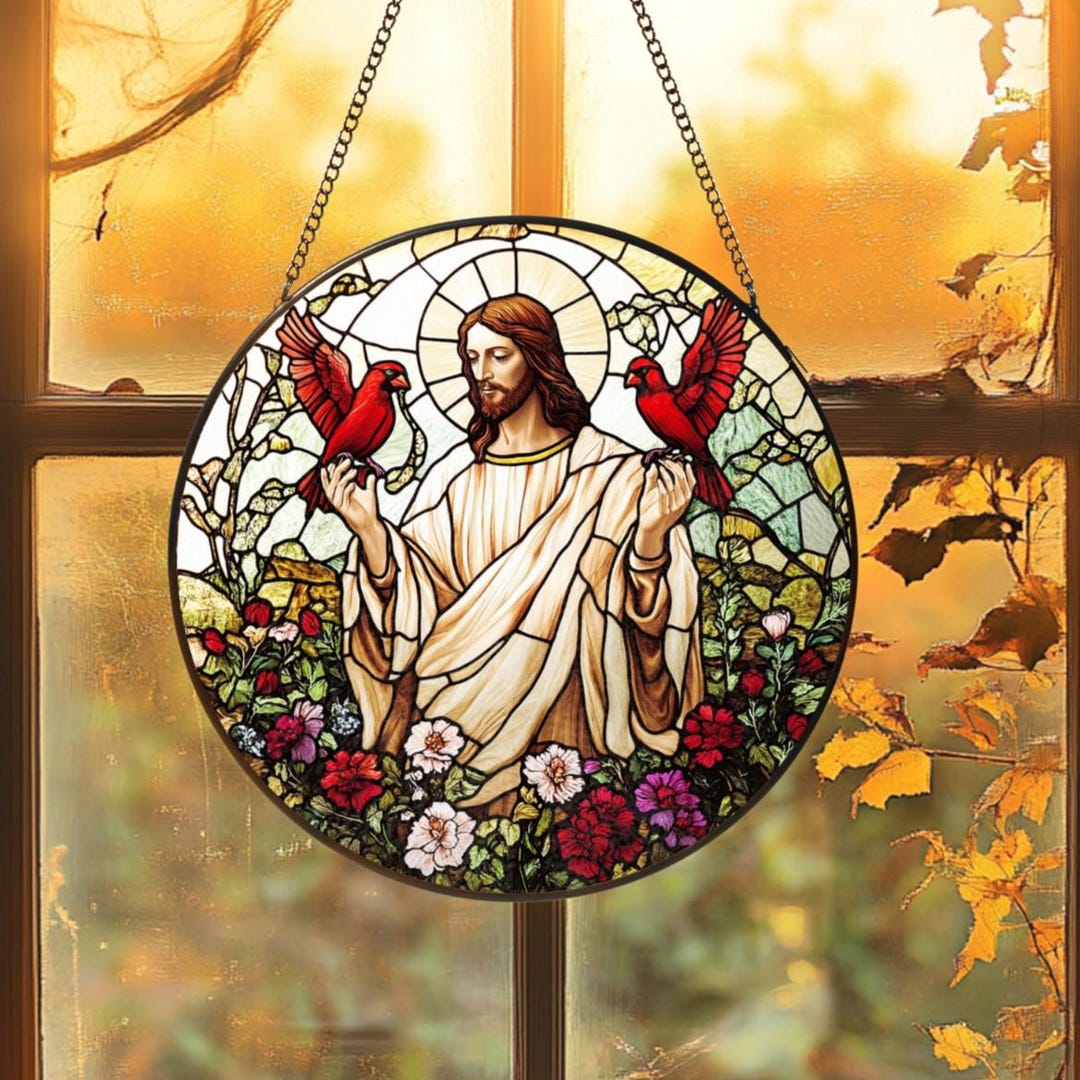Jesus With Cardinals Stained Glass Suncatcher, God Christian Window ...