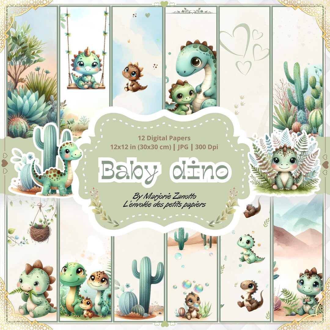 Digital Paper - Digital Printable | Watercolor Style Baby Dinosaur ...