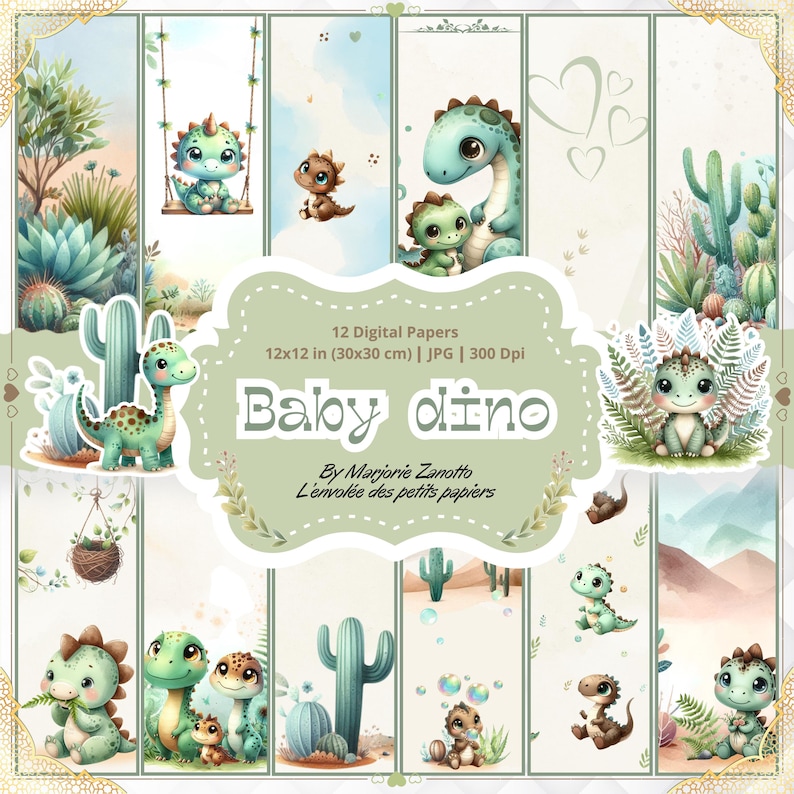 Digital Paper - Digital Printable | Watercolor Style Baby Dinosaur ...