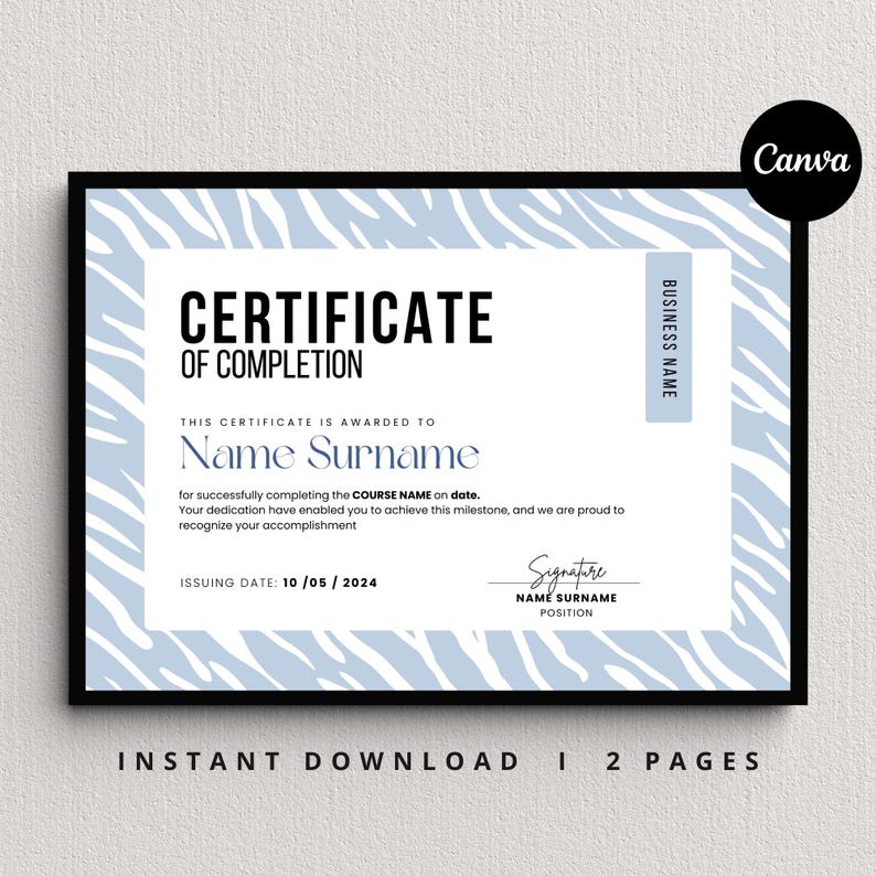 Editable Certificate of Completion Template: Printable Canva Design - Etsy