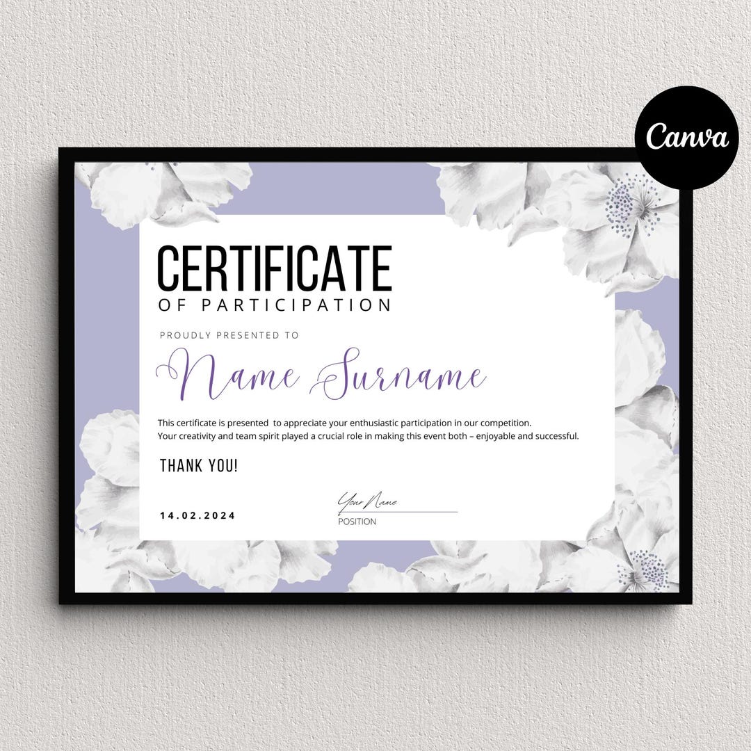 Editable Certificate of Participation Template: Canva Printable (A4) - Etsy
