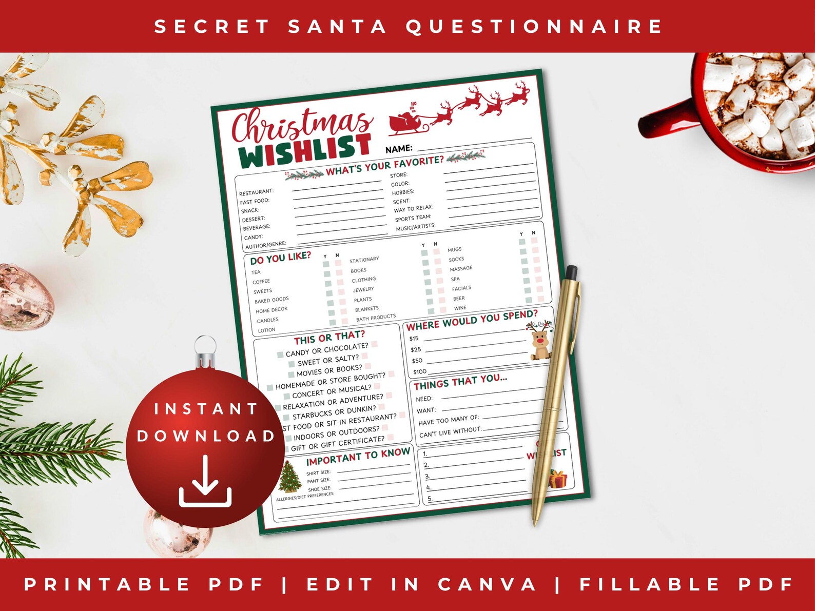 Christmas Wishlist Printable | Holiday Gift Guide, Secret Santa ...