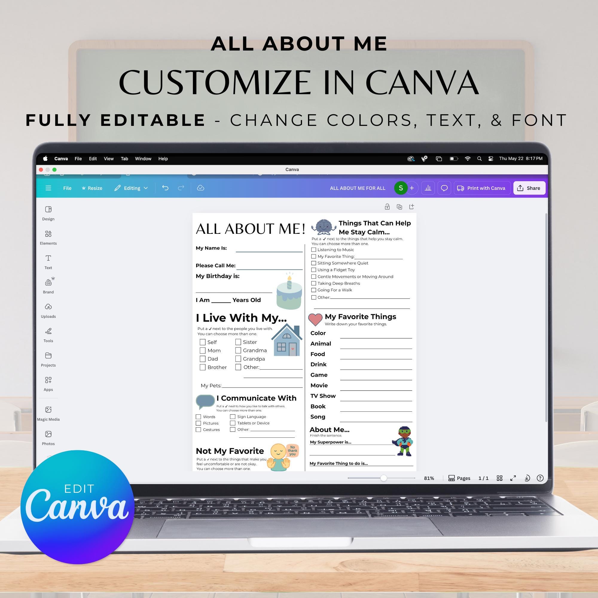 All About Me Worksheet, Autism, Special Needs (editable Canva Template ...